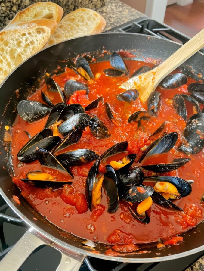 Fresh Mussels in Tomato Sauce Simmering in Pan with Crusty Bread on the ...