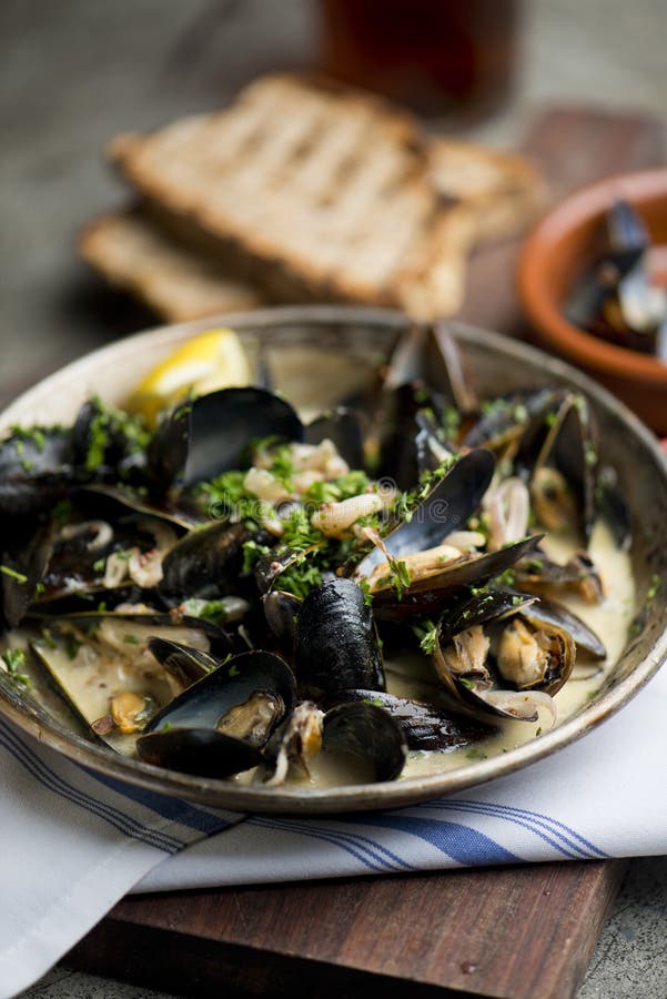Fresh Mussels in White Wine Broth Stock Photo - Image of mussels ...