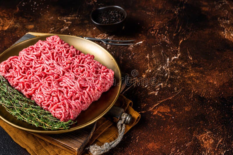 Fresh Mutton Lamb Mince Meat, Raw Ground Meat. Dark Background. Top ...