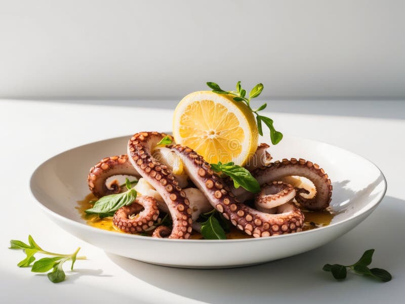 Fresh Octopus Dish with Lemon and Green Leaves. Stock Image - Image of ...
