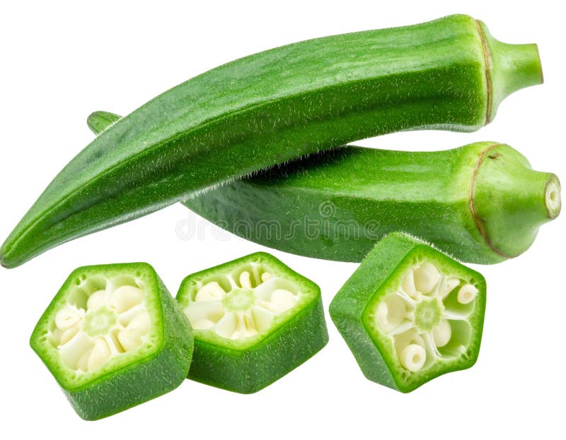 Fresh Okra Pods Whole and Sliced on Transparent Background Stock Photo ...