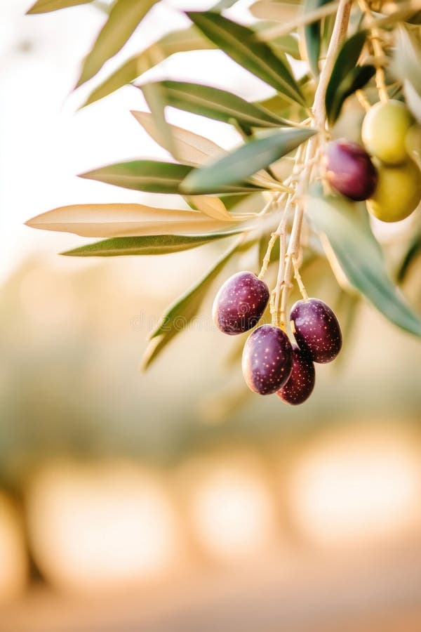 Fresh Olives on Tree Branch with Soft Background in Sunlit Olive Grove ...