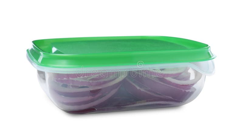 Fresh Onion Rings in Plastic Container Isolated on White Stock Photo ...