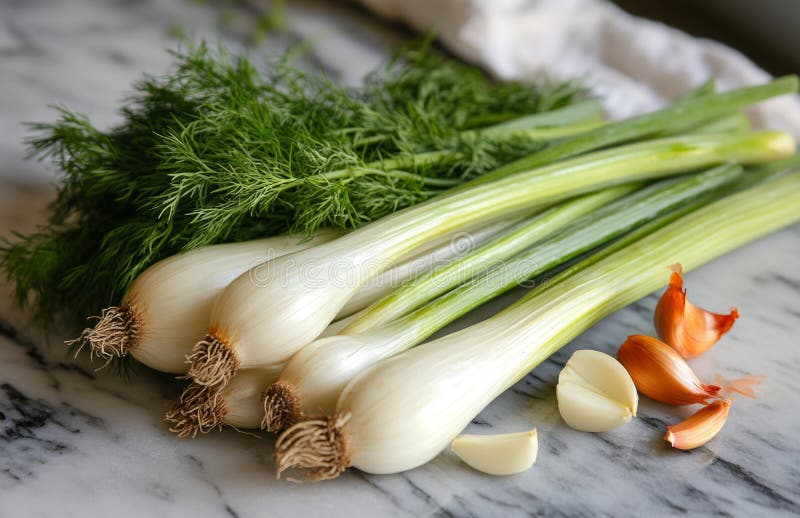 Fresh Onions, Garlic, and Dill on a Wooden Kitchen Table Stock Photo ...