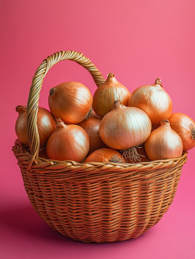 Fresh Onions Wicker Basket Vibrant Pink Background Stock Photos - Free ...