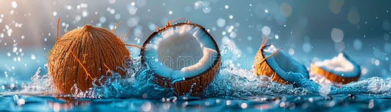 Fresh Open Coconuts with Splashing Water on Reflective Surface ...