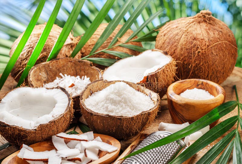 Fresh Opened Coconuts Along with Coconut Slices, Flakes and Coconut ...