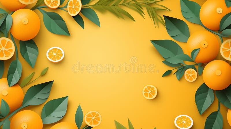 Fresh Orange Fruit Background in Paper Art Style on Yellow Background ...