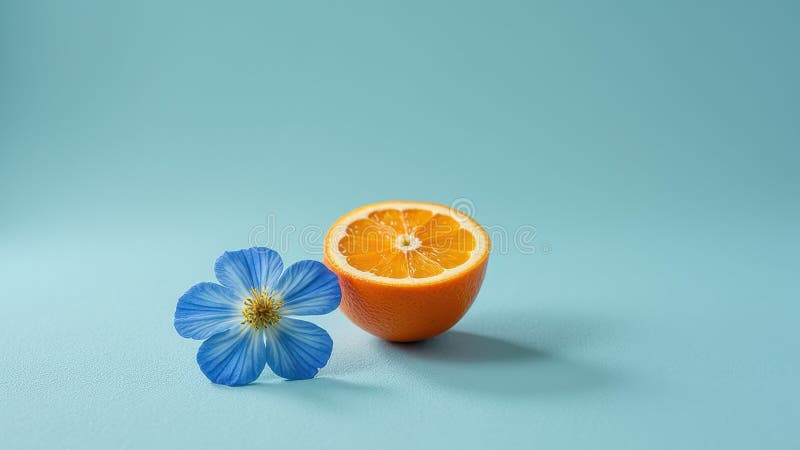 Fresh Orange Half and Blue Flower on Pastel Teal Background Stock Photo ...