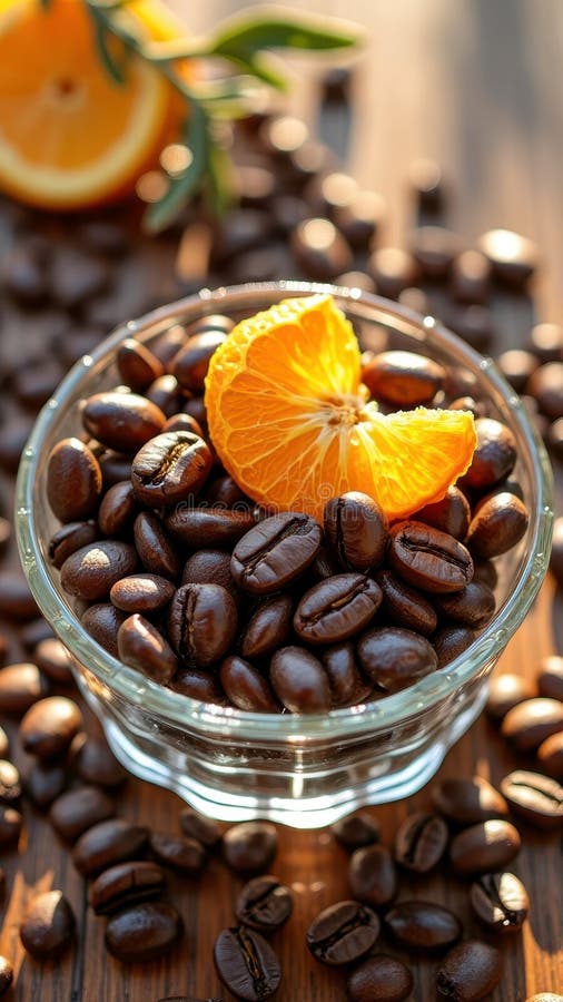 Fresh Orange Slice on Coffee Beans in Glass Bowl Under Sunlight Stock ...