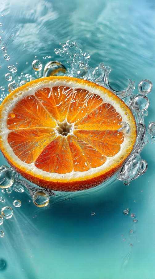 Fresh Orange Slice Floating in Water with Bubbles and Splashes on a ...