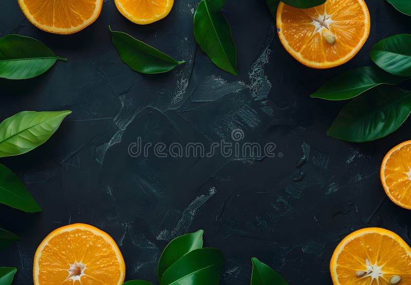 Fresh Orange Slices and Leaves on Black Background Stock Illustration ...