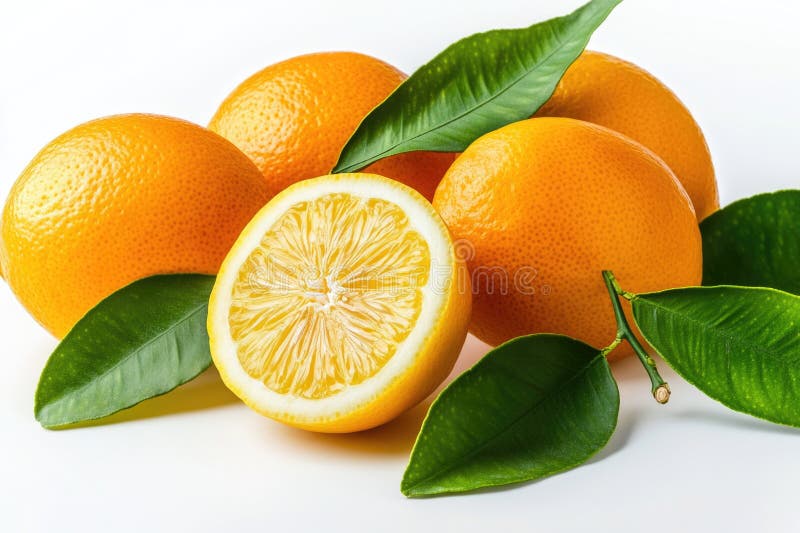 Fresh Oranges Arranged with Green Leaves on a Clean White Background ...