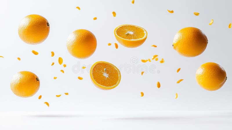 Fresh Oranges Falling, One Cut in Half, Levitating on a White ...