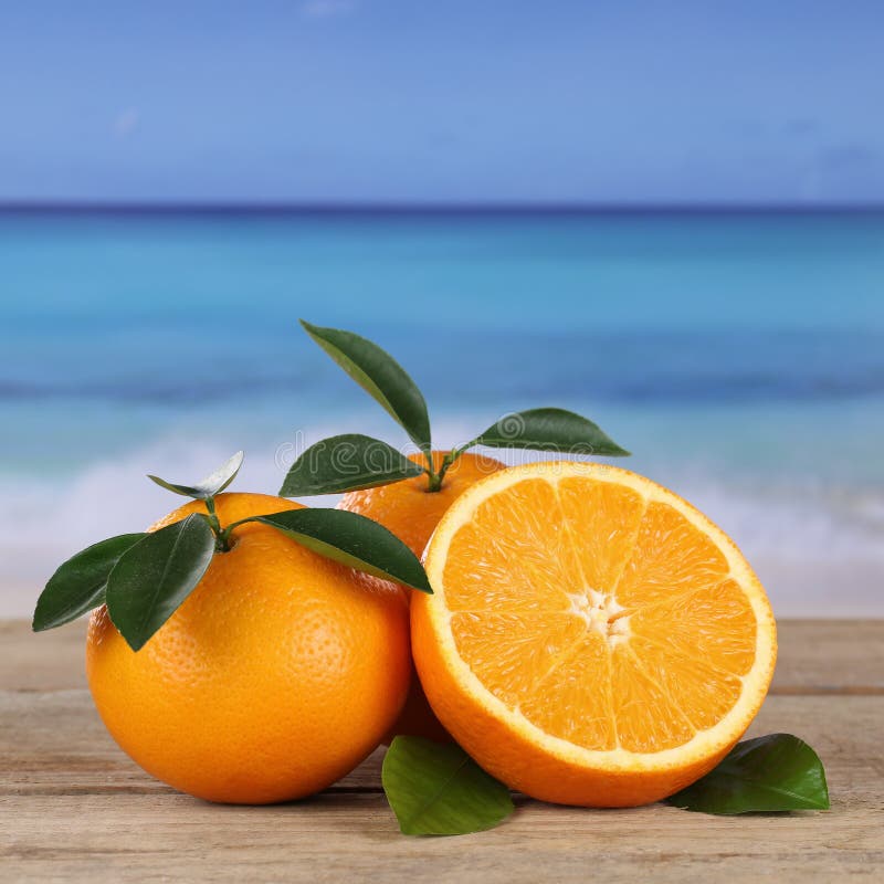 Fresh Oranges Fruits on the Beach with Copyspace Stock Photo - Image of ...