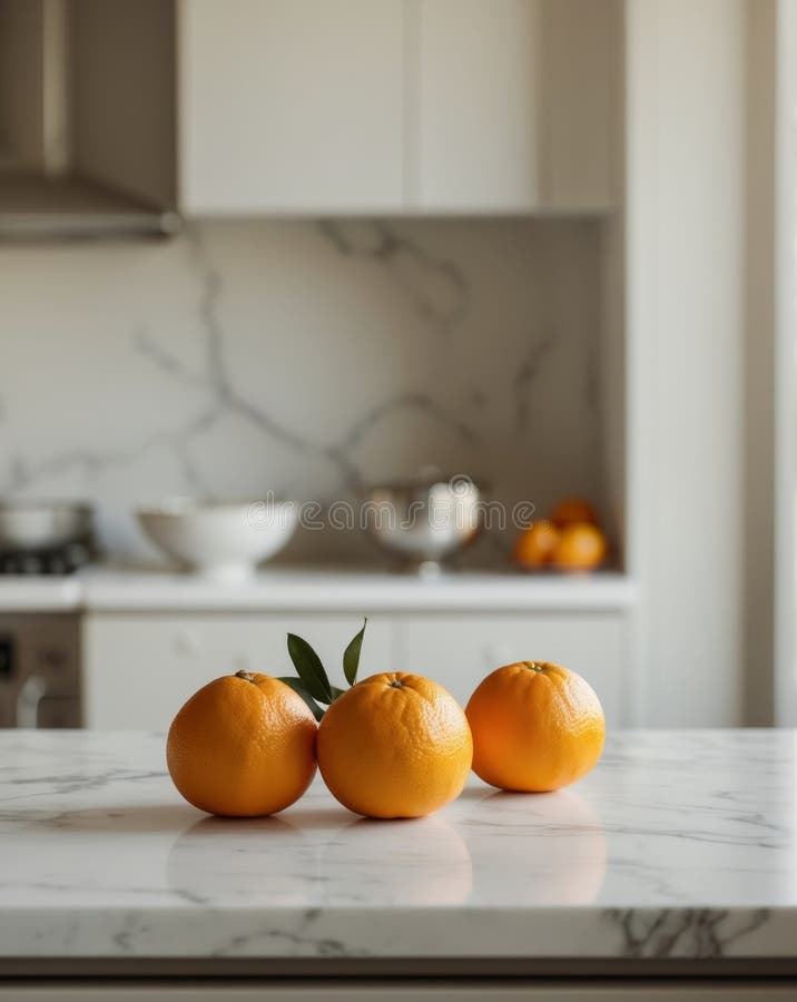 Fresh Oranges on Marble Kitchen Counter in Modern Home Interior Stock ...