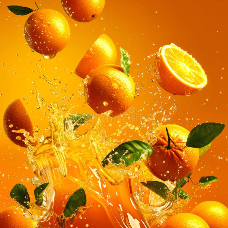 Fresh Oranges Splash into Juice Creating a Vibrant and Energetic Scene ...