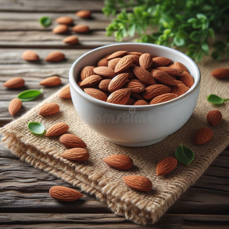 Fresh Organic Almonds in a White Bowl on Rustic Wooden Table Close Up ...