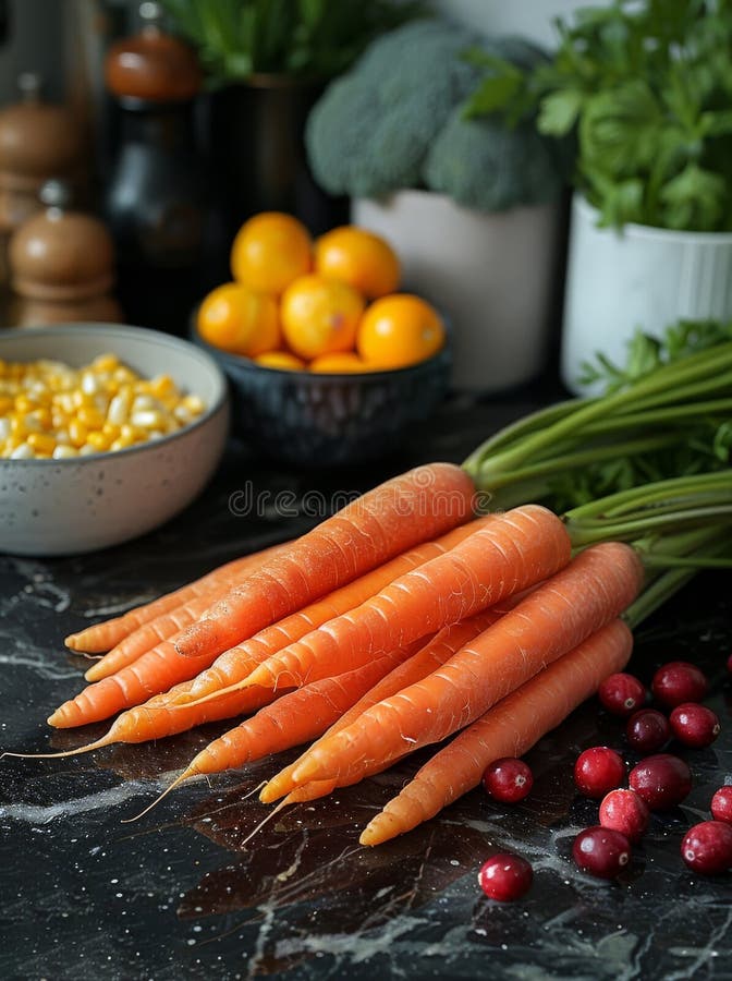 Fresh Organic Carrots and Other Vegetables on Kitchen Counter Stock ...