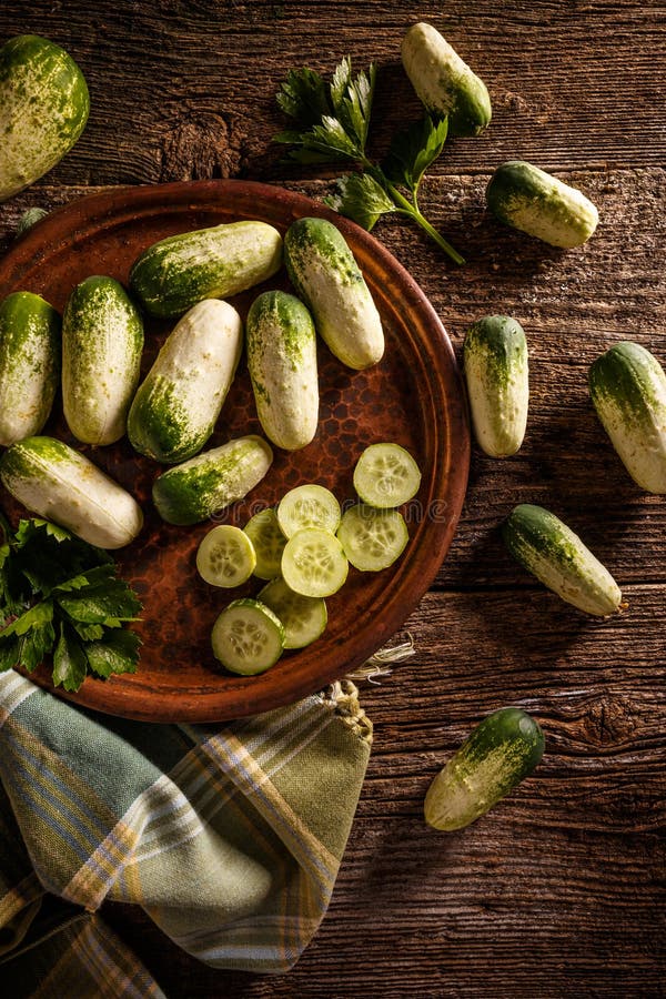 Organic Cucumbers Freshly Harvested on a Market Counter Stock Photo ...