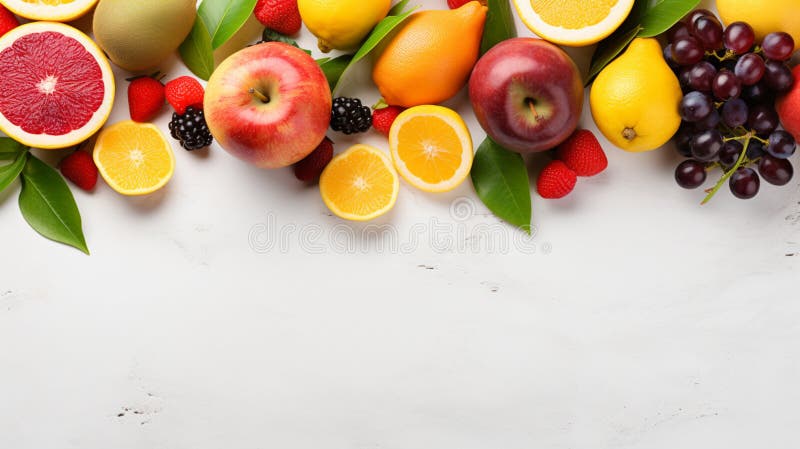 Fresh Organic Fruits Lineup Isolated on Background, Copy Space Stock ...