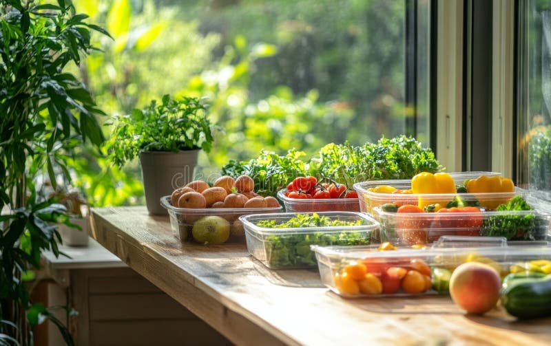 Fresh Organic Fruits and Vegetables on Sunlit Kitchen Counter Stock ...