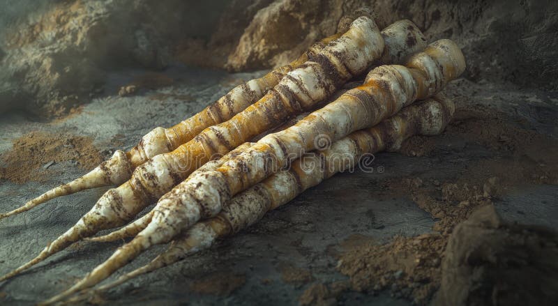 Fresh Organic Gobo, or Burdock Root, Piled Together on a Rustic Surface ...