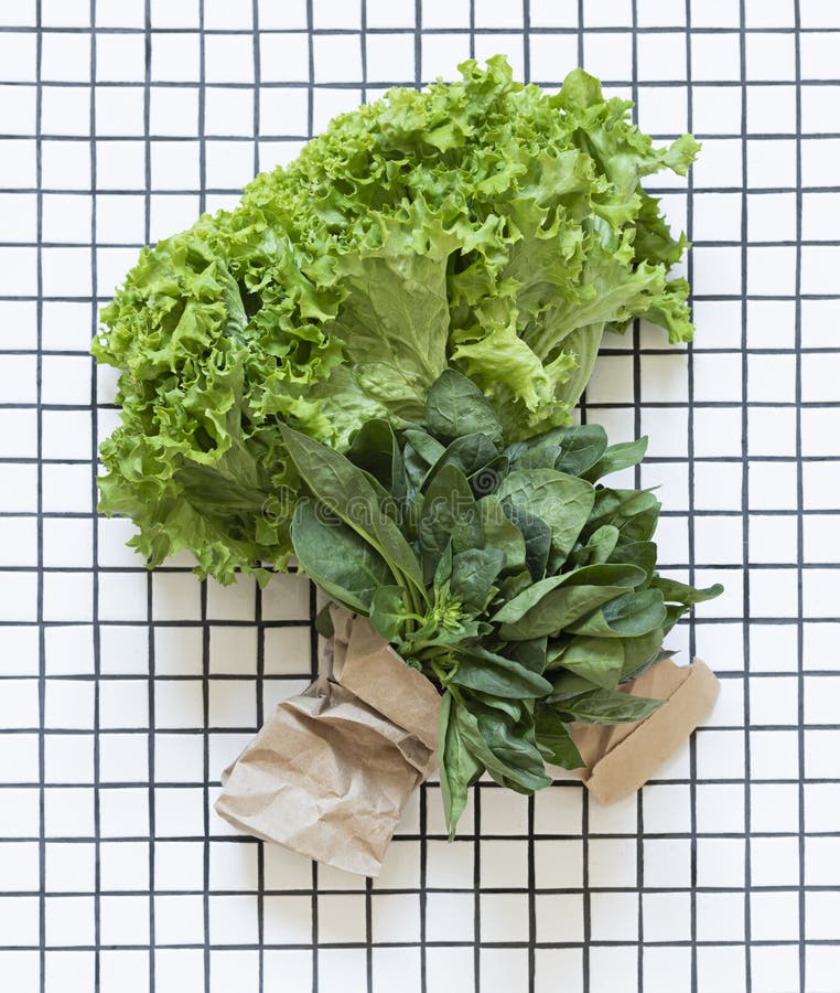 Fresh Organic Green Lettuce and Spinach Top View on the Table. Stock ...