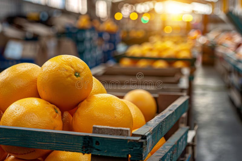 Fresh Organic Oranges in Wooden Crates at Warehouse with Copy Space ...