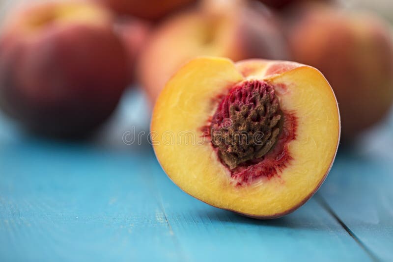 Fresh Peach on Wooden Ground Stock Photo - Image of agriculture, blue ...