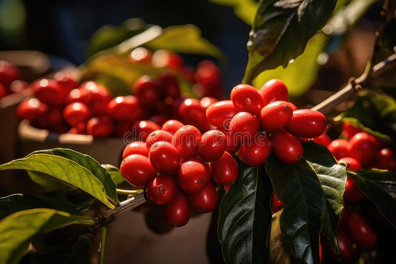 Fresh Organic Red Coffee Cherries, Raw Fruit Coffee Beans in Planting ...