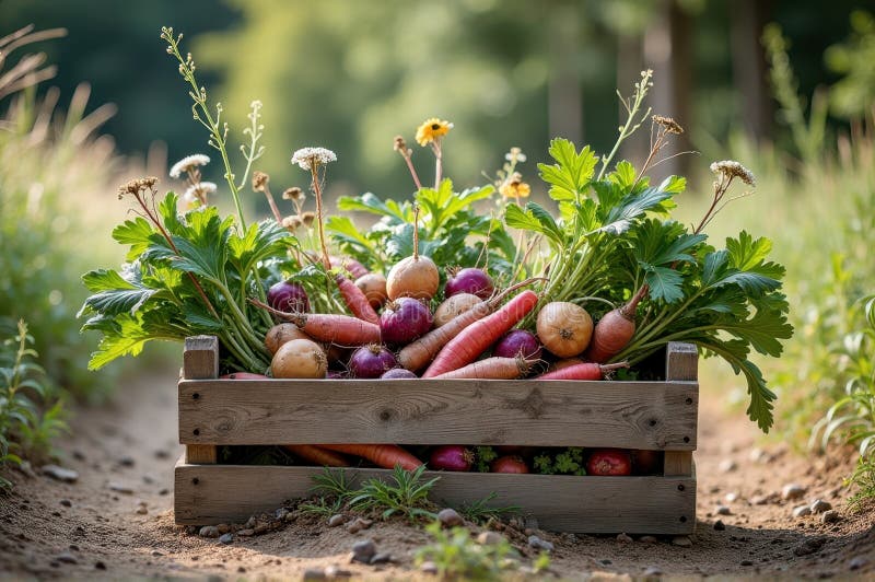 Fresh Organic Root Vegetables in Wooden Crate on Dirt Path Outdoors ...