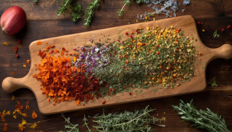 Fresh Organic Vegetable Slice on Rustic Cutting Board with Seasoning ...