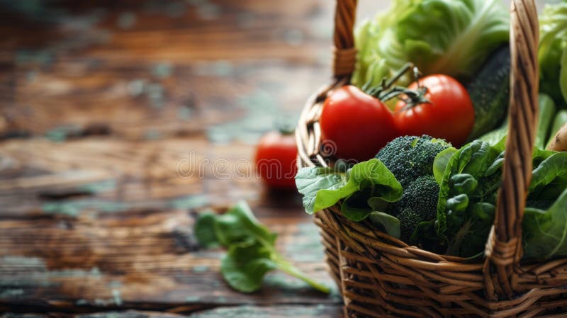 Fresh Organic Vegetables in Rattan Basket on Rustic Wooden Table Stock ...
