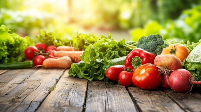 Fresh Organic Vegetables on Rustic Wooden Table in Sunlight Stock Photo ...