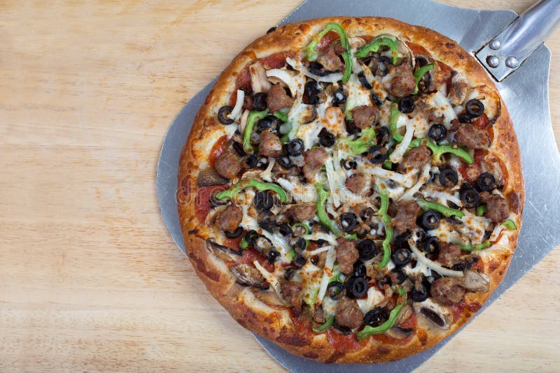 Combination pizza on tray stock photo. Image of peperroni - 116675680