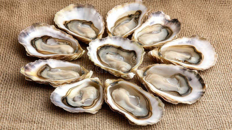 Fresh Oysters Arranged on Burlap with Open Shells Showcasing Their ...