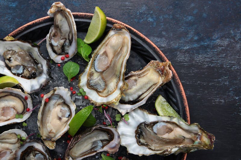 Fresh Oysters with Lime on a Round Plate. Several Varieties of Oysters ... Fresh Oysters with Lime on a Round Plate. Several Varieties of Oysters ...