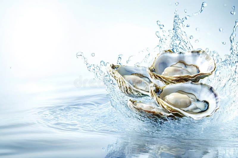 Fresh Oysters Splashing in Clean Water with Light Background Stock ...