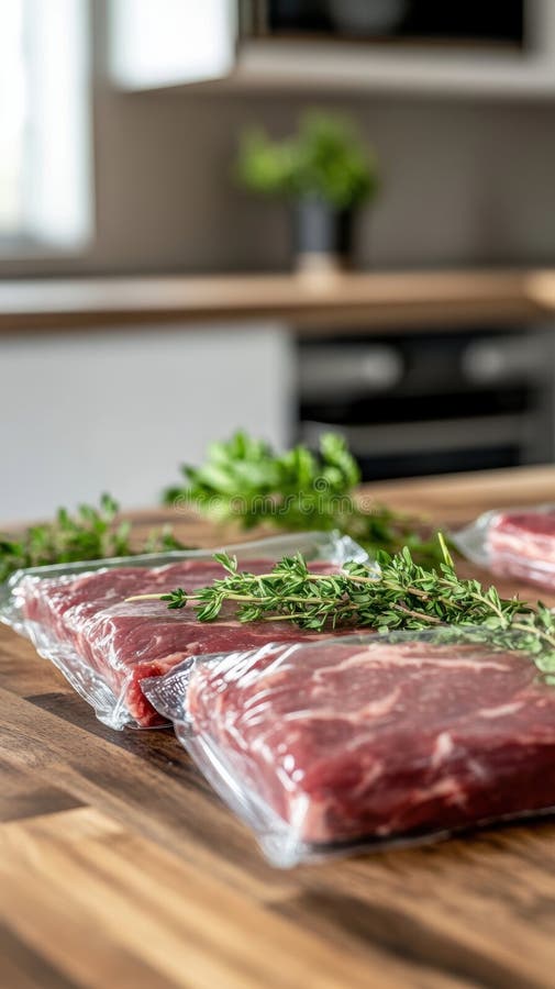 Fresh Packaged Meat with Herbs in a Modern Kitchen Setting Stock ...