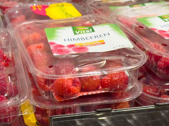 Fresh Packaged Raspberries in Supermarket Display Editorial Photo ...