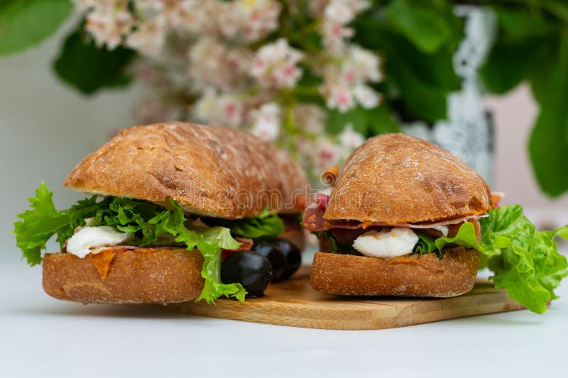 Fresh Panino Spread with Cheese, Mozzarella, Ham, Olives Stock Image ...