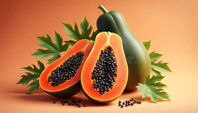 Fresh Papaya Fruit with Halves on Orange Background Close Up. Stock ...