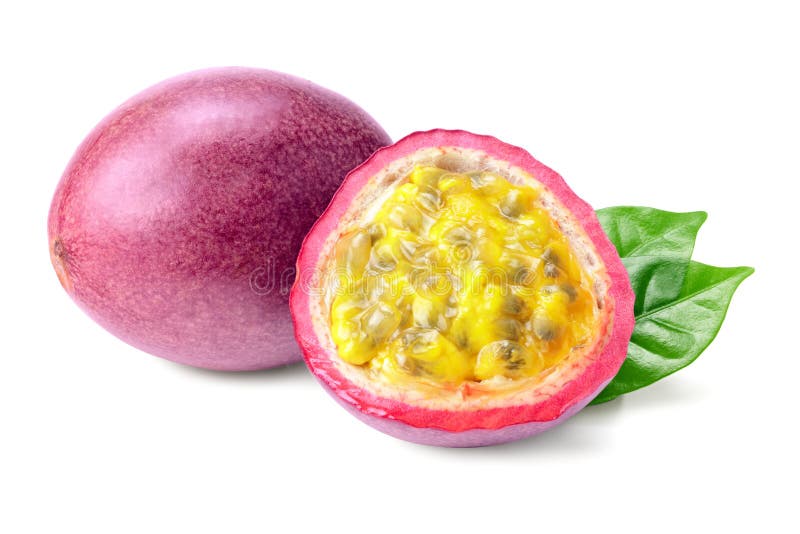 Fresh Passion Fruits with Leaves Isolated on White Background Stock ...