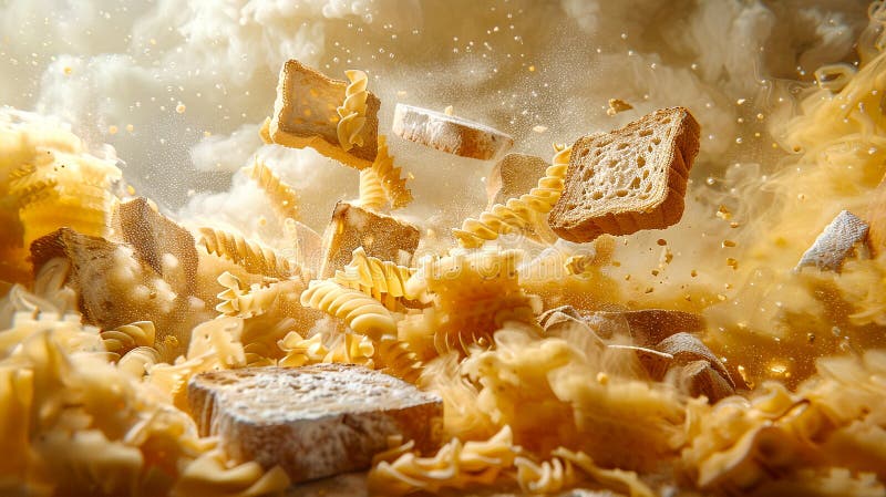 A Vibrant Explosion of Pasta and Bread in a Dramatic Culinary Display ...