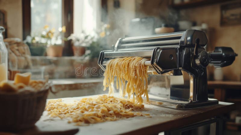 Fresh Pasta Making with a Metal Machine in Rustic Kitchen Stock ...