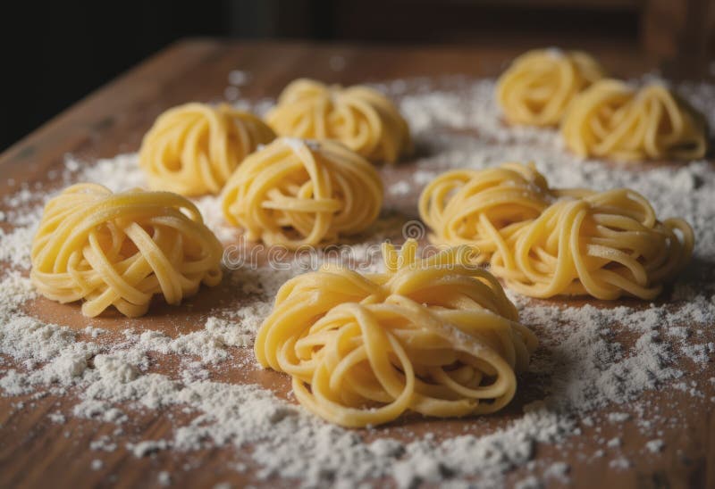 Fresh Pasta Nests Arranged on a Wooden Surface with Flour Stock Photo ...