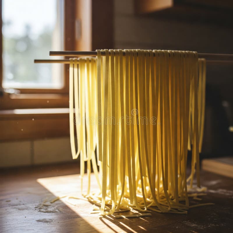 Fresh Pasta Strands Hang To Dry on Rods. Light Streams through Window ...