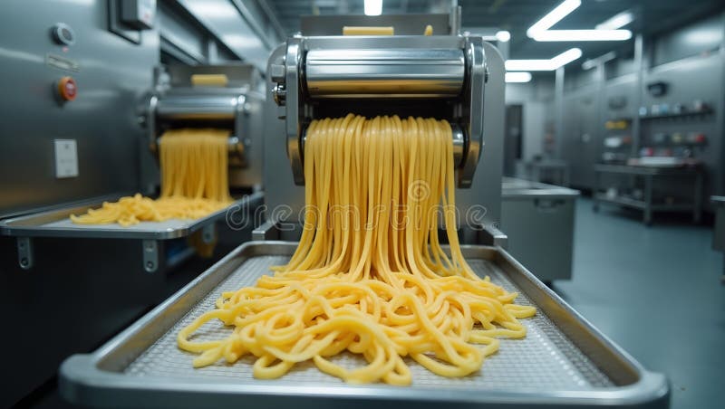 Fresh Pasta Strands from Industrial Machine in Kitchen Trays on ...