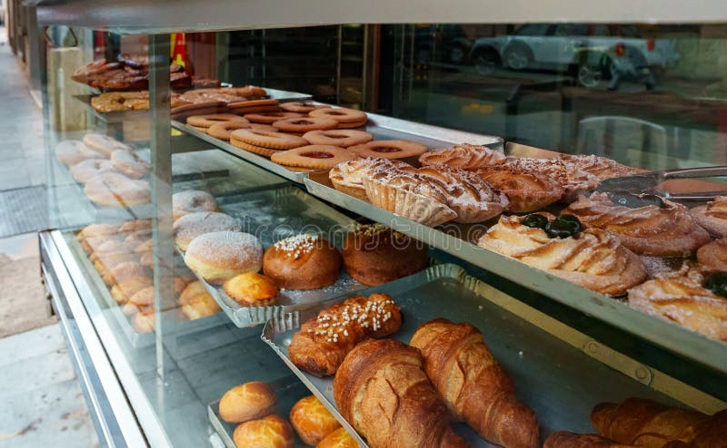 Fresh Pastries Behind the Glass Stock Image - Image of food, market ...